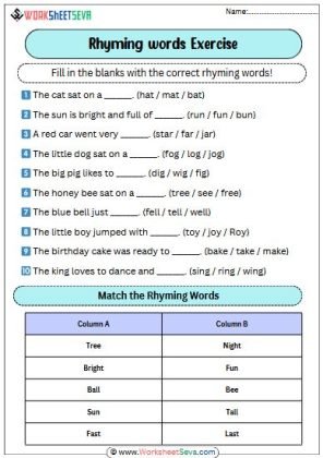 Rhyming words Exercise Grade 3 Worksheet
