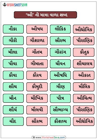 Kana Vala Shabdo Gujarati Worksheet